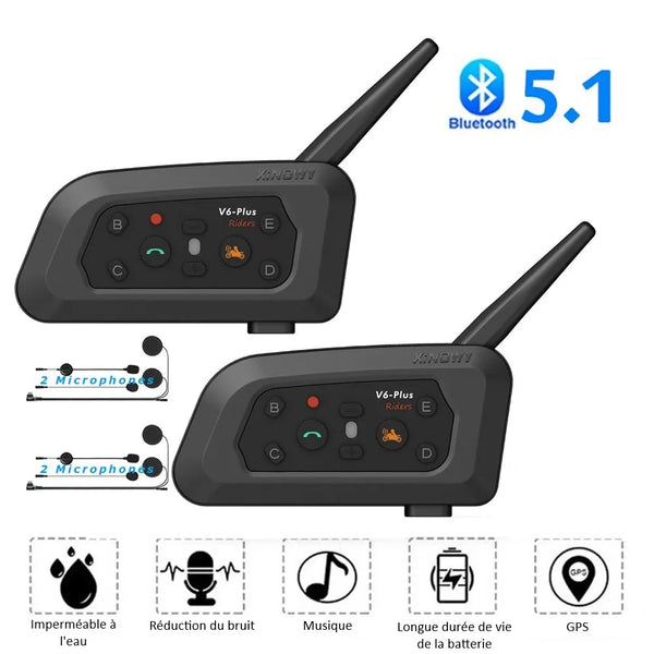 Intercom Bluetooth Moto V6 Plus 1200M 6 Motards pour Casque